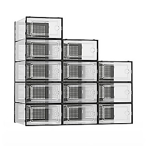 JOCHER 12 Pack Shoe Storage Boxes Black,Clear Plastic Stackable Shoes Organizer for Closet,Sneaker Storage Bins with Lids,Shoe Storage Containers for Under Bed,Entryway,Closet Floor,Space Saving
