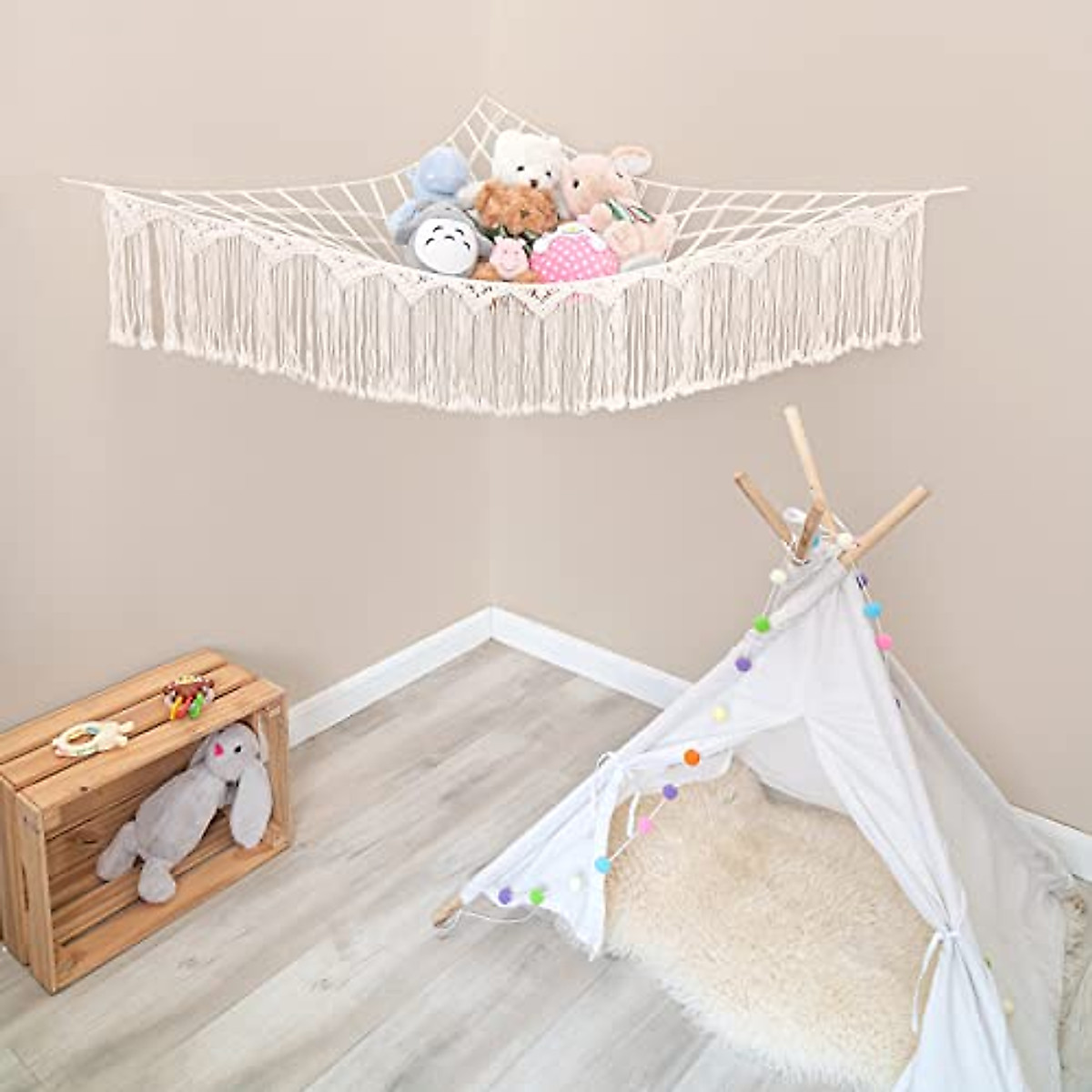 Mkono 2 Style Macrame Stuffed Animal Hammock Toy Storage Organizer with Lights and Tassels Boho Stuff Animals NetLarge Capability Corner Toys Display Hammock for Nursery Playroom
