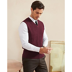 Kallspin Men’s Wool Blended Cable Knit Vest Sweater V Neck Relaxed Fit Sleeveless Pullovers (Burgundy Red Medium)