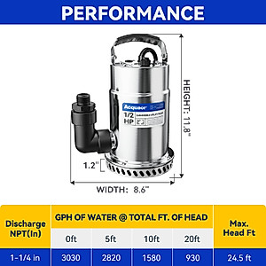 Acquaer 1/2HP Submersible Utility Pump, 3030GPH Stainless Steel Sump Pump, Water Removal for Basement Hot Tub Pool Cover Draining, 30ft Cord