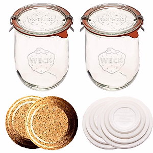 Weck Jars Weck - Sour Dough Starter Jars - Large Glass Jars for Sourdough with Glass Lid - Tulip Jar with Wide Mouth 1 Liter Includes Cork Lid & Keep Fresh Cover (2)