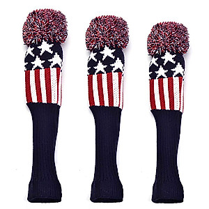 GOOACTION 3PCS Knitted Golf Head Covers 1-3-5 for Driver and Fairway Woods with Long Neck Design Vintage Red Stars and Stripes American Flag Sock Pom Pom Golf Club Patriotic Headcovers Set