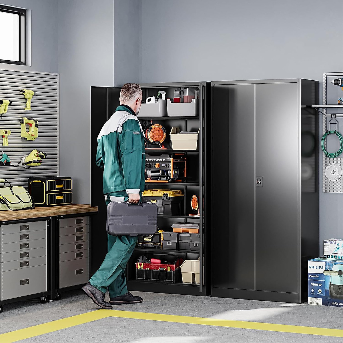 Letaya Metal Garage Storage Cabinets with Lock Door and Adjustable Shelves, Steel Tool Cabinets for Home,Office,Warehouse Organisieren (Black)