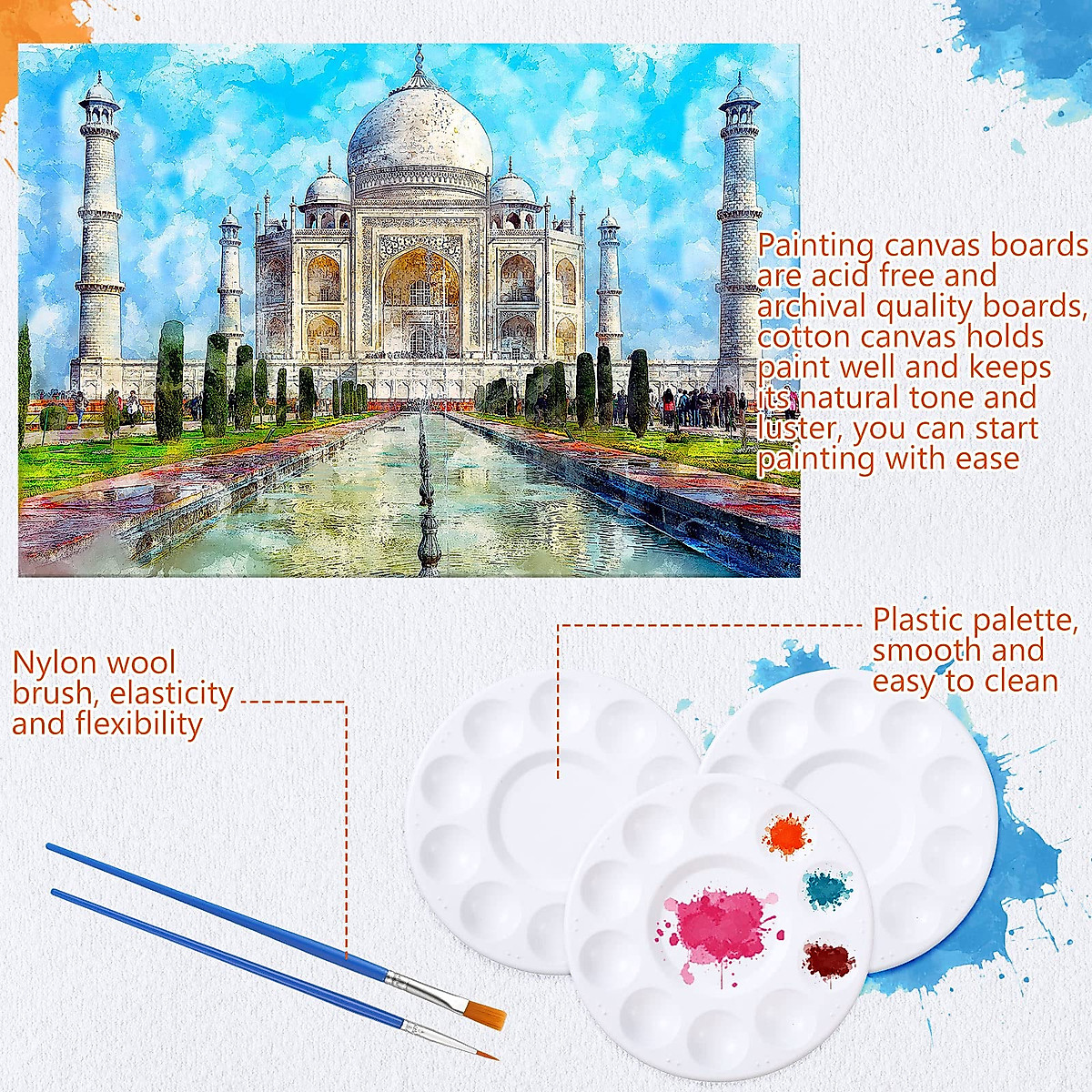 48 Pcs Canvas Painting Boards Set Including 12 Pcs 8 x 10 Inch Blank White Canvas Panels 12 Pcs Round Paint Tray Palettes and 24 Pcs Nylon Brushes for Oil Acrylic Watercolor Paint Kids Party Classroom