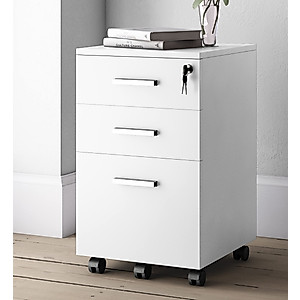 Lazio 26 Inch File Cabinet with Lock - Filing Cabinet for Home and Office - 3 Drawer File Cabinet with Wheels for A4 Sized Letters/Documents, Legal Sized Documents, Hanging File Folders - White/White
