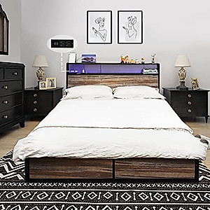 ARTETHYS Queen Led Bed Frame with 4 Storage Drawers, Wood Bed Frame with 2-Tires Storage Headboard and Charging Station, Metal Platform Bed with 2 Free Storage Bags, Noise-Free, No Box Spring Needed