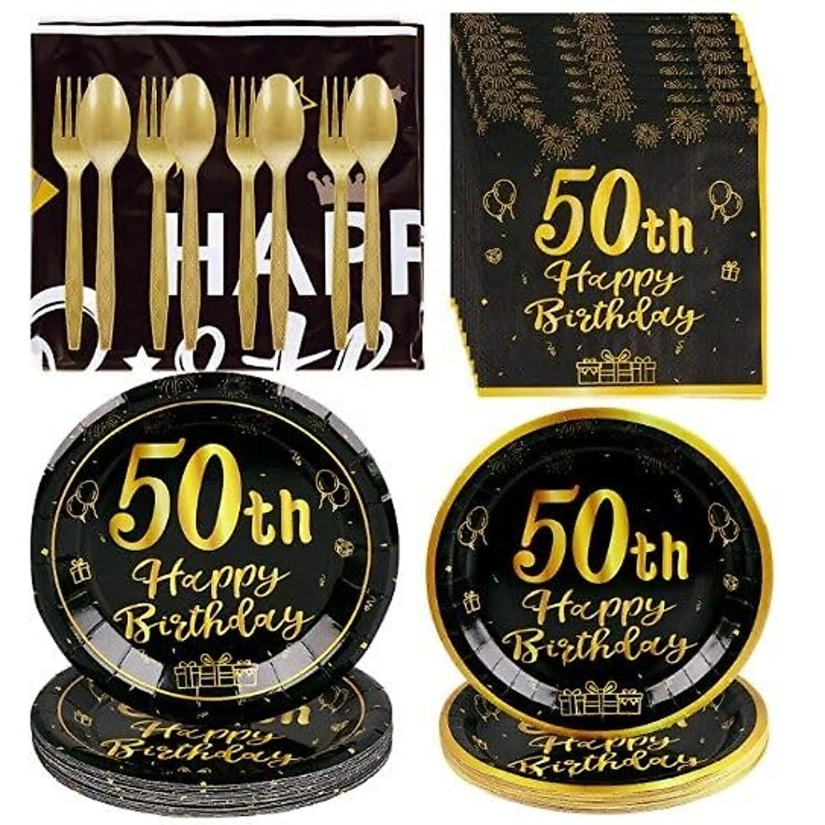 YHomU 121Pcs 50th Birthday Party Supplies in 1973 Birthday Party Decoration Cheers to 50th Paper Plate Napkin Fork Tablecloth, 50th Birthday Decoration for 24 Guests