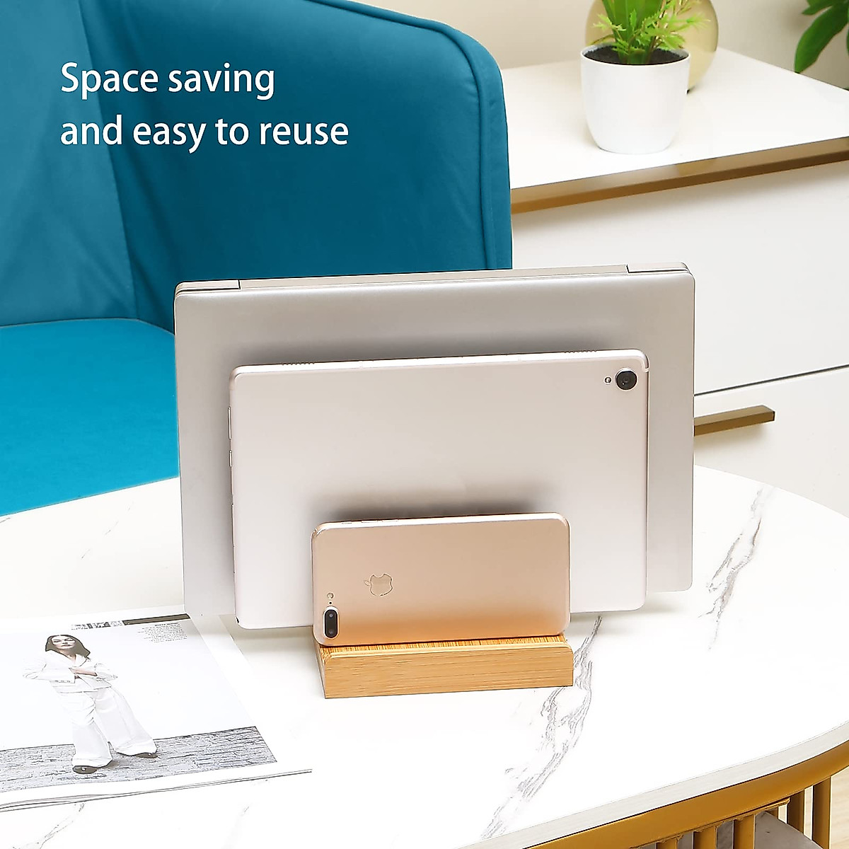 muchly Vertical Laptop Stand - 3 Slots for Computer, Tablet, Phone .Natural Wood, Adjustable Dock, for Devices Up to 5" to 1.2" Thick (Yellow Bamboo Wood)…