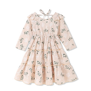 Hipea Toddler Girl Dress Long Sleeve Floral Dress Up Casual Round Neck Back Tie Ruffles Little Girls Fall Dresses 3-4T
