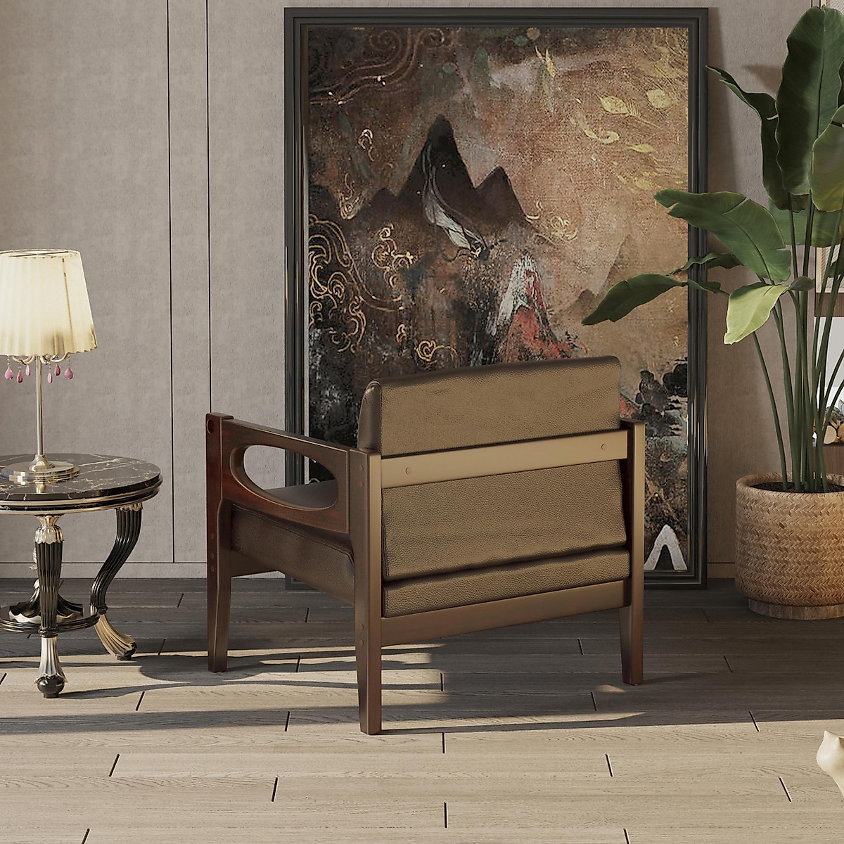 PU Leather Accent Chair, Mid-Century Modern Armchair with Solid Wood Legs, Reading Leisure Chair with High Back for Living Room Bedroom Waiting Room(Espresso)