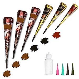 Temporary Tattoos Kit, Tizoerly 6 Pcs Semi Permanent Tattoo Paste Cones, India Body DIY Art Painting for Women Men Kids, Freehand Plaste with 3 Colors,20× Adhesive Stencil,1× Bottle,4× Nozzles