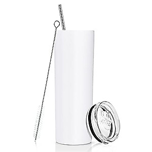 Skinny Travel Tumbler, Stainless Steel Skinny Tumbler, Double Wall Insulated Tumbler with Lid and Straw, 20 Oz Slim Water Tumbler Cup, Vacuum Tumbler Travel Mug for Coffee, Beverages, Tea (White)