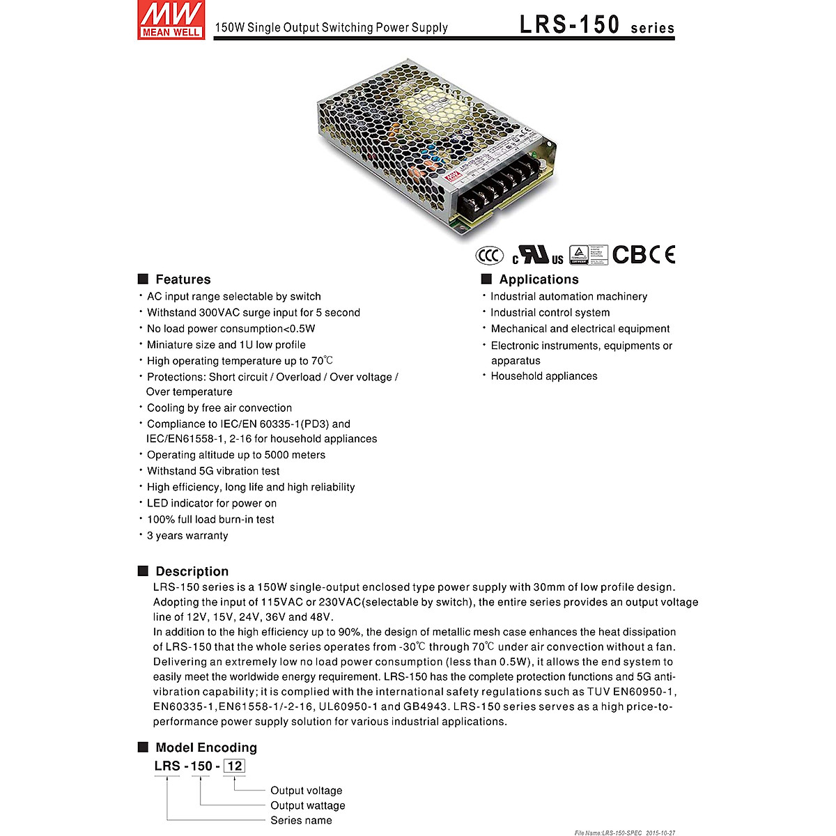 MEAN WELL MW LRS-150-24 24V 6.5A Enclosed-LRS Switching Power Supplies