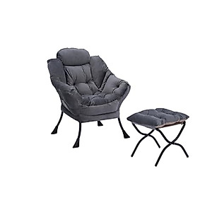 Lazy Chair with Ottoman, Modern Accent Lounge Chair with Folding Footrest and Headrest, Upholstered Leisure Sofa Armchair Reading Chair with Side Pocket for Living Room, Bedroom, Office, Dark Gray