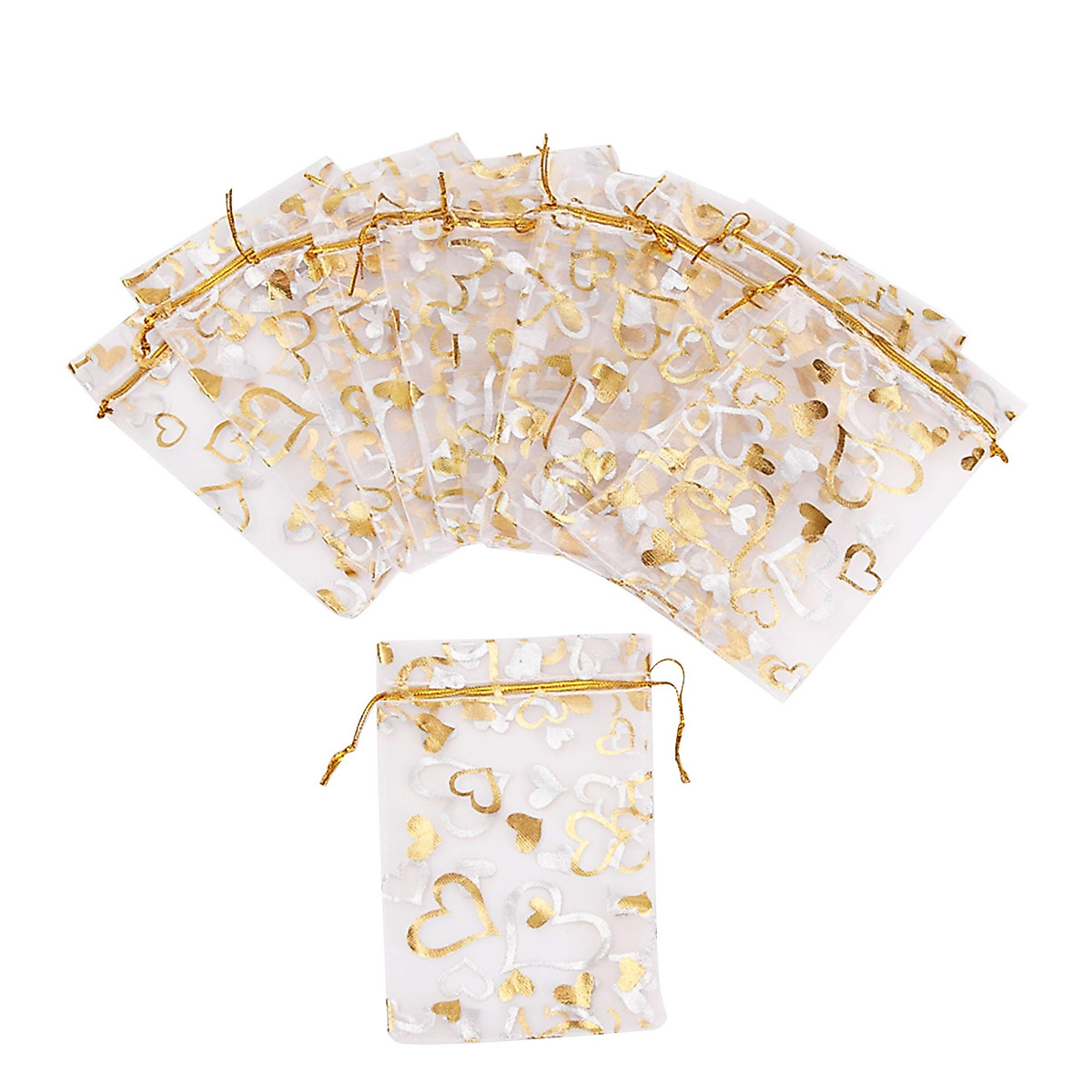 Volanic 100PCS 4X6 Inch Sheer Heart Organza Bags with Drawstring for Christmas Candy Jewelry Party Wedding Favor Gift Bag