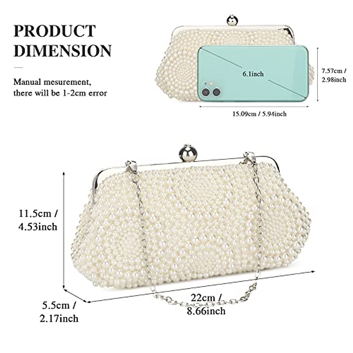 Pinprin Ladies Pearl Clutch Bag Womens Beaded Handbag Formal Prom Bridal Wedding Cocktail Party Purse (A-White)