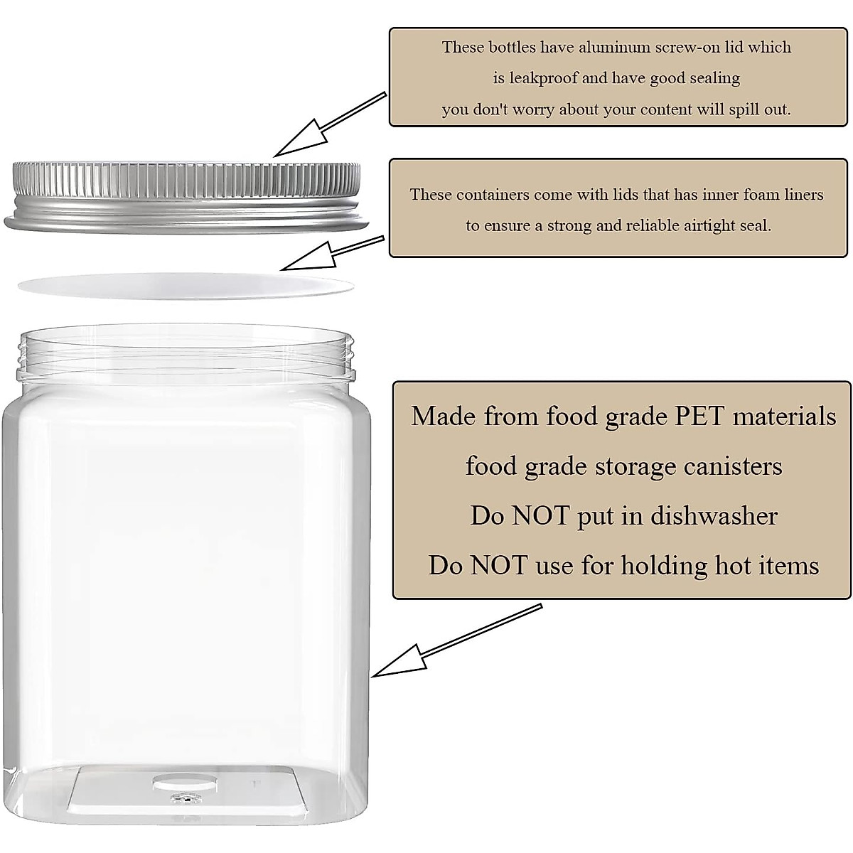 6 Pack 24 Oz Clear plastic jar, Refillable Kitchen Storage Containers, For Kitchen & Household, Aluminum cap.