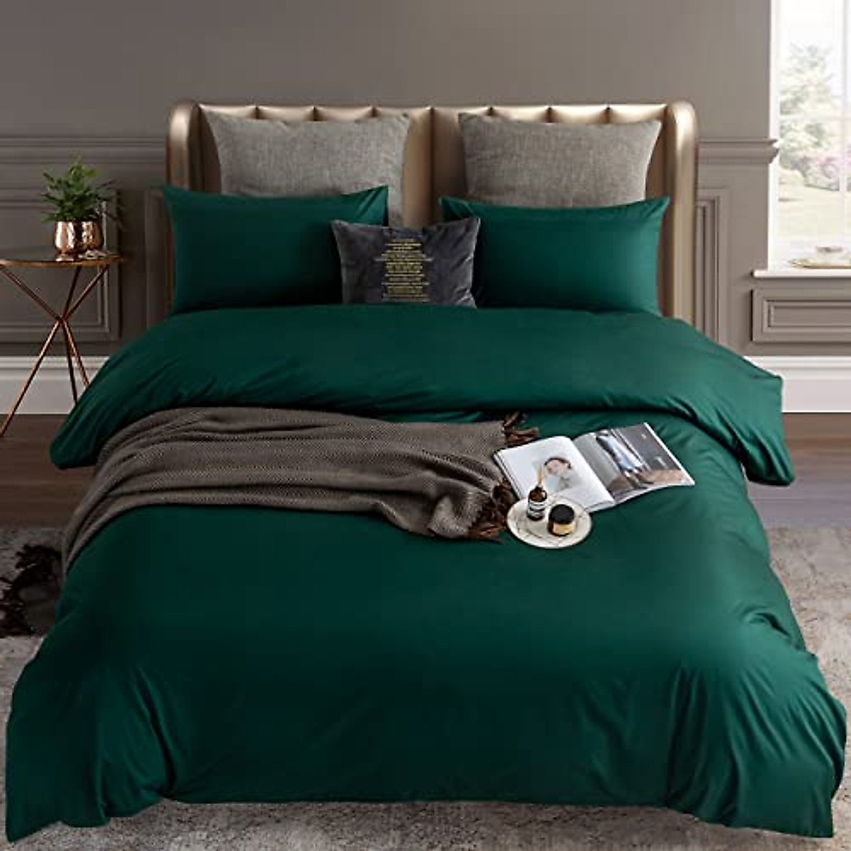 KAKABELL Duvet Cover Set 100% Egyptian Cotton Premium 3 Piece Bedding Set Portable Openings-Luxury Soft and Cozy All Season Comforter Cover,with 8 Corner Ties 90x106 Inches-(Dark Green, King)