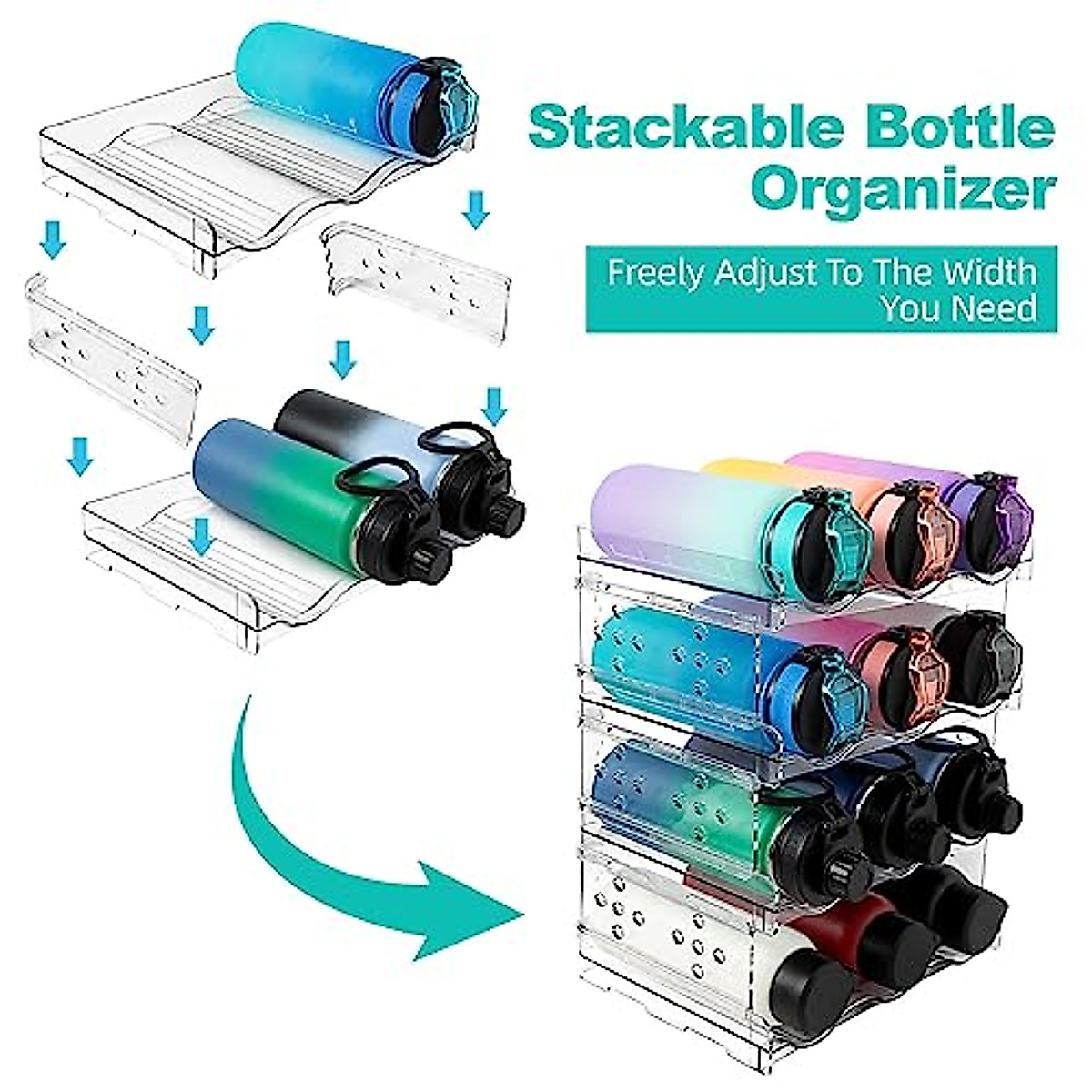TYigao Water Bottle Organizer,4 Pack Stackable Cup Organizer for Cabinet,Countertop, Pantry and Fridge, Free-Standing Tumbler Kitchen Storage Holder for Wine and Drink Bottles,Clear Plastic