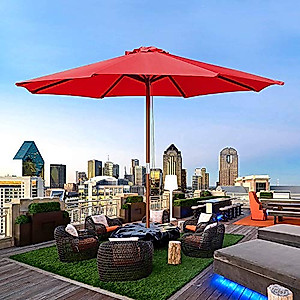 Yescom 9ft Wooden Outdoor Patio Red Umbrella W/ Pulley Market Garden Yard Beach Deck Cafe Sunshade