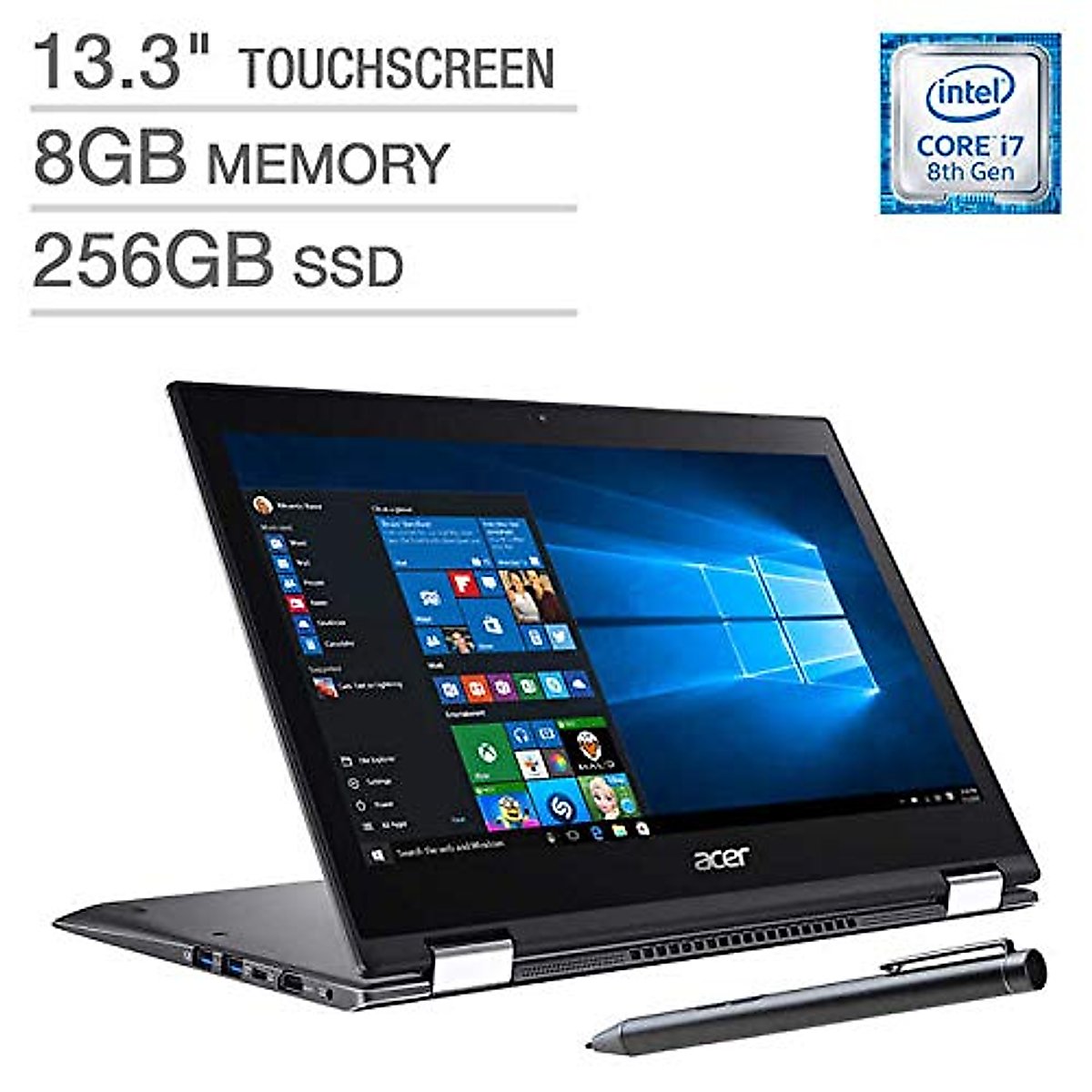 Acer Newest Spin 5 13.3" Touch Screen 2-in-1 Laptop, 8th Gen Intel Core i7-8550U, 8GB Memory, 256GB SSD, Backlit Keyboard, SP513-52N-888R, Steel Grey, More Upgrade Available