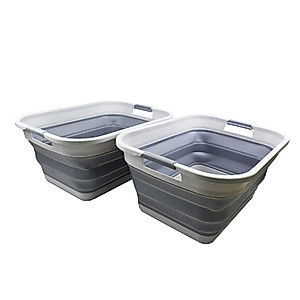 SAMMART 41L (10.8 gallon) Collapsible Plastic Laundry Basket - Foldable Pop Up Storage Container/Organizer - Space Saving Hamper/Basket, Water capacity: 32L(8.4 gallon) (Grey (Set of 2))