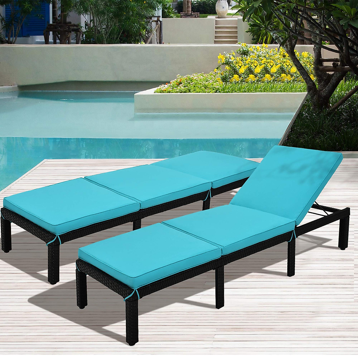 LZ LEISURE ZONE Patio Chaise Lounges, Patio Furniture Set, Outdoor Adjustable PE Rattan Wicker Chaise Lounge Chair, Patio Sunbed, for Poolside, Porch and Garden (Blue+Black, 1 Piece)