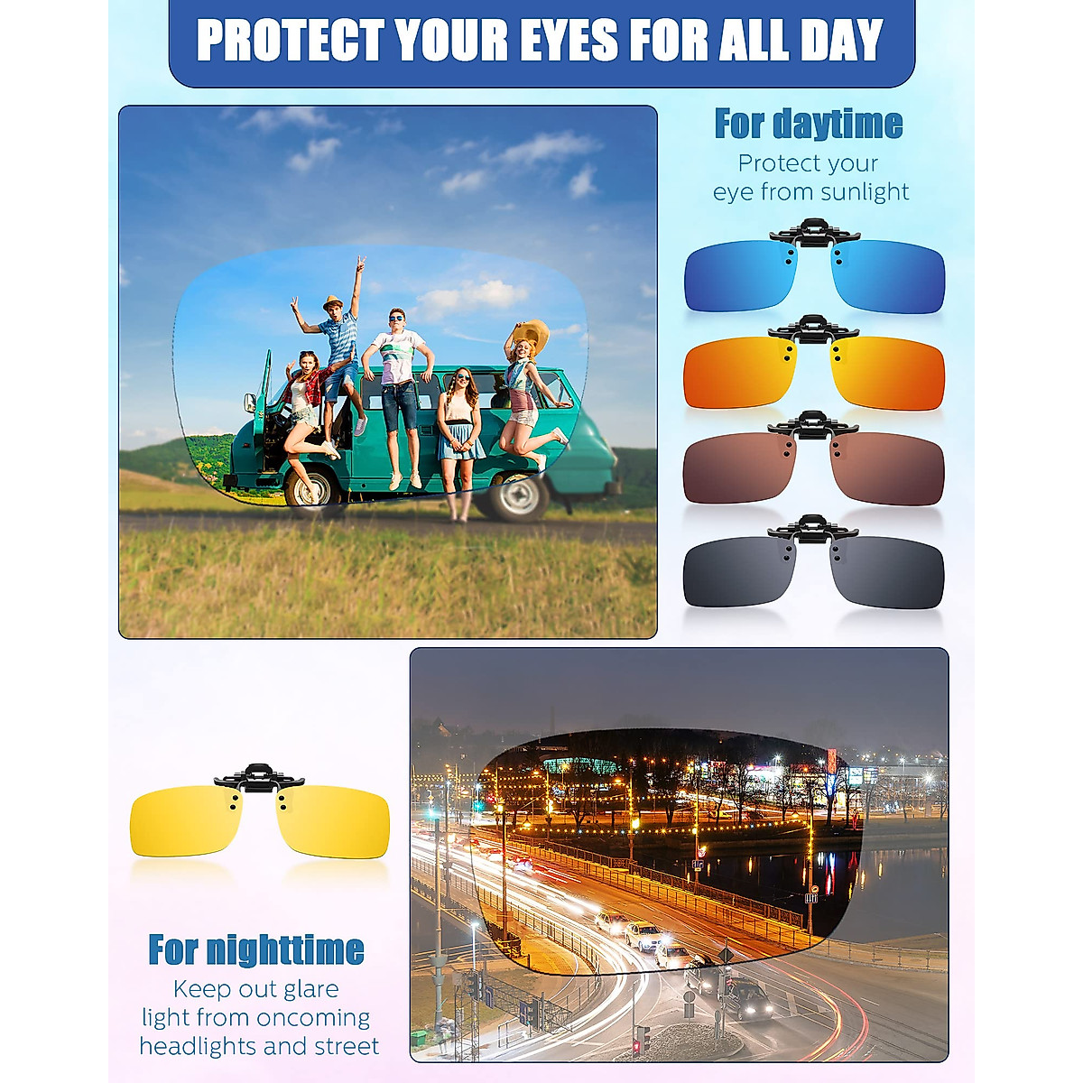 Frienda 5 Pairs Polarized Clip On Sunglasses Rimless Flip Up Anti Glare Driving Glasses (Various Color,2.24 x 1.42 Inch)