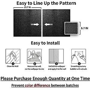 Black Peel and Stick Wallpaper, 15.7" X 118" Crocodile Wallpaper Embossed Easy Peel off Wallpaper Self Adhesive Removable Contact Paper Textured Wallpaper for Cabinet Bedroom with Knife Tape Measure