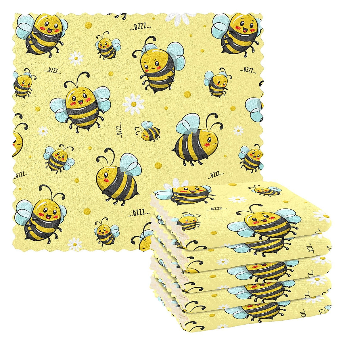 JIPONI 6 Pack Kitchen Dishcloth, Cute Honey Bee Cartoon Absorbent Dish Towels Reusable Soft Cleaning Cloths 11 x 11 inch