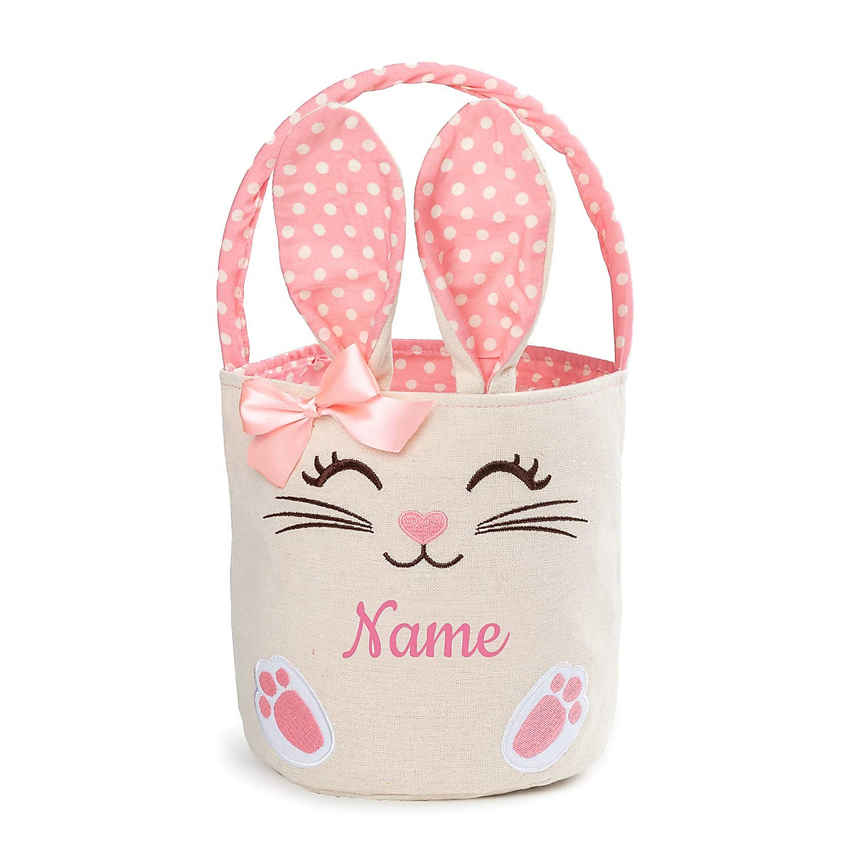 Personalized Bunny Ears Bucket Bag with Custom Name | Pink Polka Dot Liner Easter Bag with Handle | Soft Egg Basket for Kids | Customized Easter Basket | Great for Book and Toy Storage