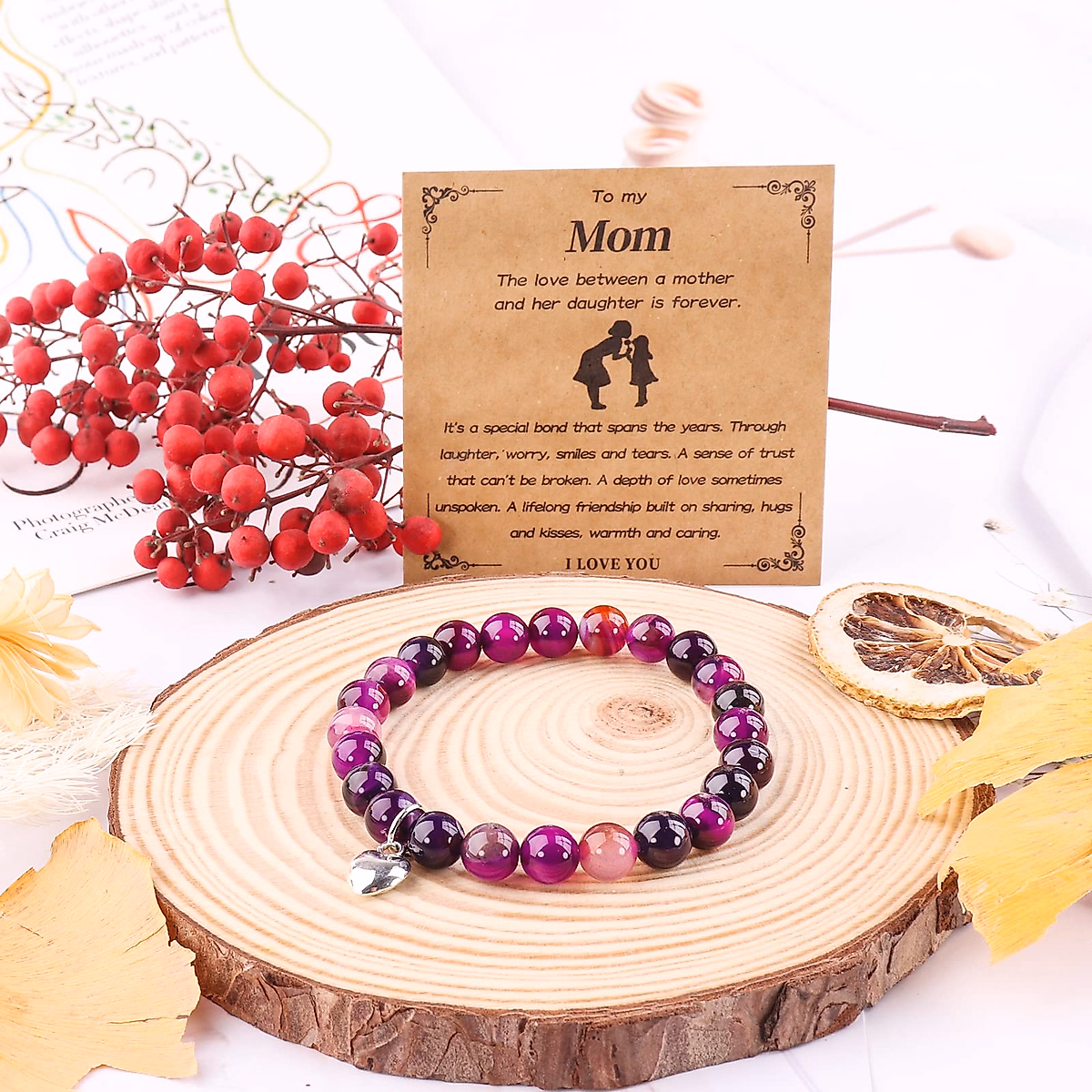 SINCSEFK To My Mother Bracelets,Natural Amethyst Bracelet with Heart Charm,Gifts for Mom from Daughter/Son Mothers Day Anniversary Birthday Christmas