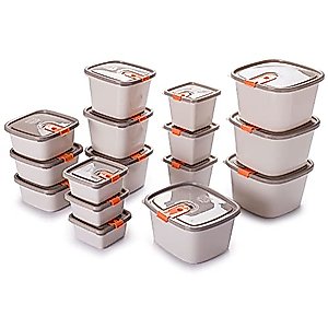 Plastic Food Storage Containers w/attached Lids. Multi sizes Containers. Microwave/Freezer & Dishwasher Safe - Steam Release Valve. BPA/Free (16, Beige & Orange)