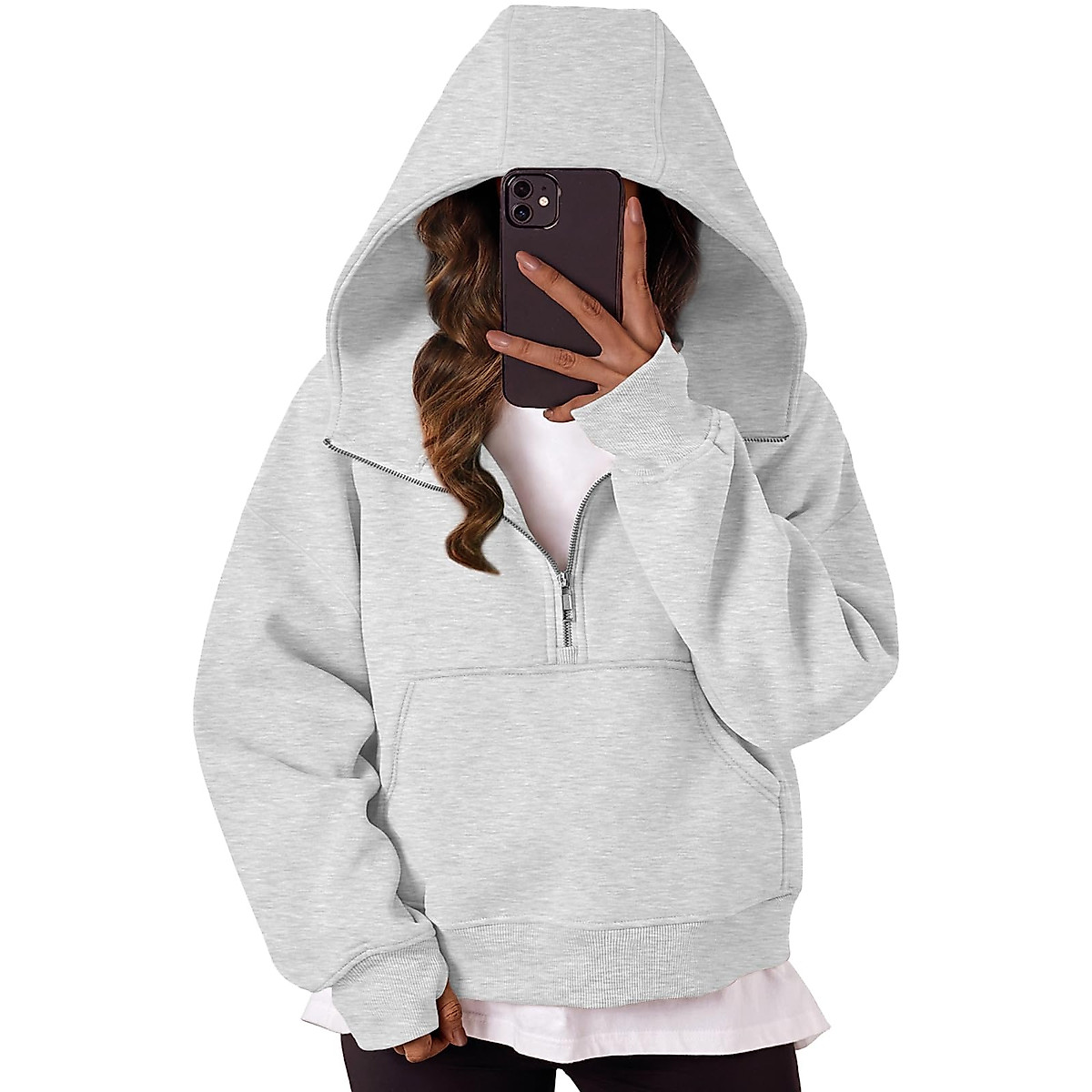 Trendy Queen Womens Hoodies Quarter Half Zip Pullover Oversized Sweatshirts Half With Pockets Fall Clothes GreyM