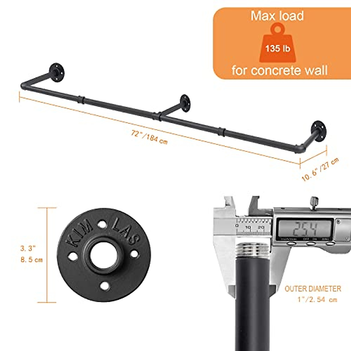 QNK Clothes Drying Rack 72 Inch Industrial Pipe Shelving Garment Bar Hanger Closet Rod Wall Mounted Heavy Duty Cast Iron w/5 Hooks 3 Bases