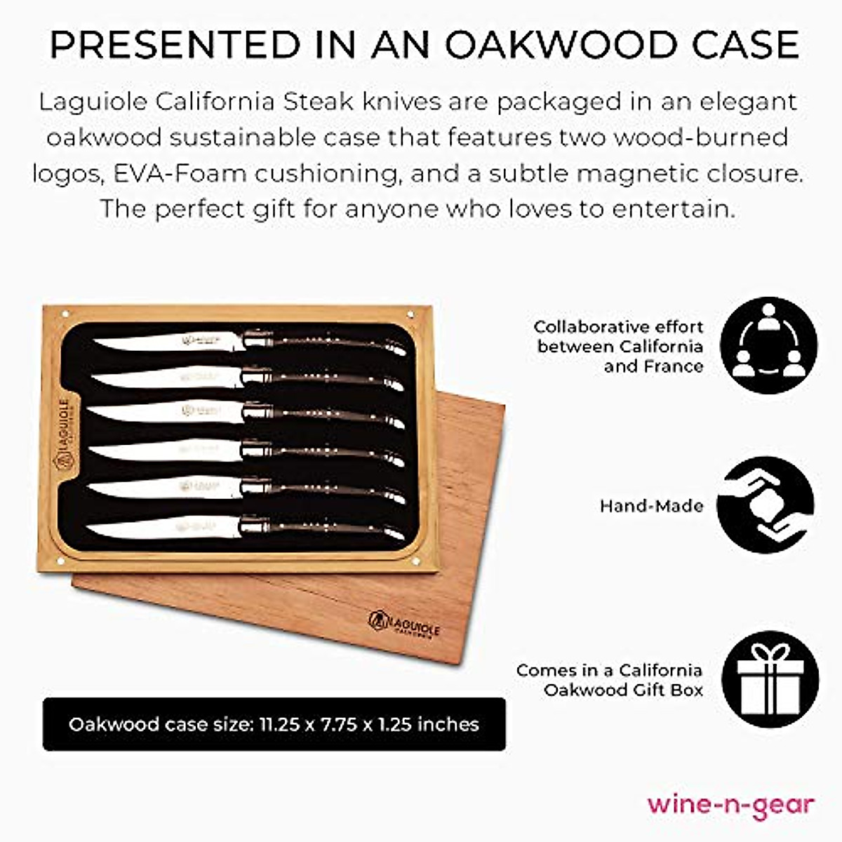 Laguiole California Steak Knives - 6 Piece Blackwood Set - Ergonomic Handles - Stored in a California Oakwood Gift Box - Extremely Sharp Straight Steel Blades are Thick Gauge, Full Tang