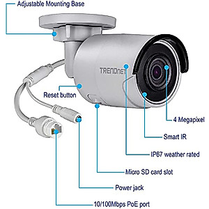 TRENDnet Indoor-Outdoor 4MP H.265 120dB WDR PoE Bullet Network Camera, IP67 Weather Rated Housing, Smart Covert IR Night Vision Up To 30m (98 ft), MicroSD Card Slot (Up to 128GB), White, TV-IP1314PI