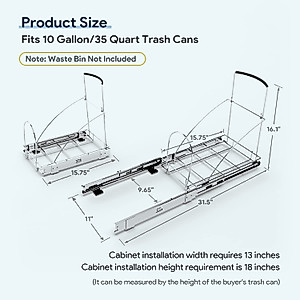 Tanamu Pull Out Trash Can Under Cabinet，Under Sink Slide Out Garbage for Kitchen，Requires 13" W X 18" D Minimum Cabinets，Chrome Adjustable for 7-10 Gallon Trash Can
