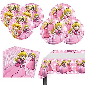 Princess Peach Party Supplies,Girls Birthday Table Plates and Napkins Tablecloth Cover Centerpiece Mario Theme Decoration