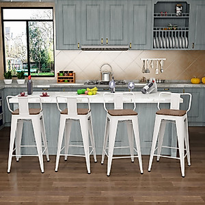 Tongli Metal Bar Stools Set of 4 Barstools Counter Height Bar Stools with Back Industrial Bar Stool Indoor Counter Stool Kitchen Island Stools Modern Bar Chair with Wood Top 24 inch White Cream