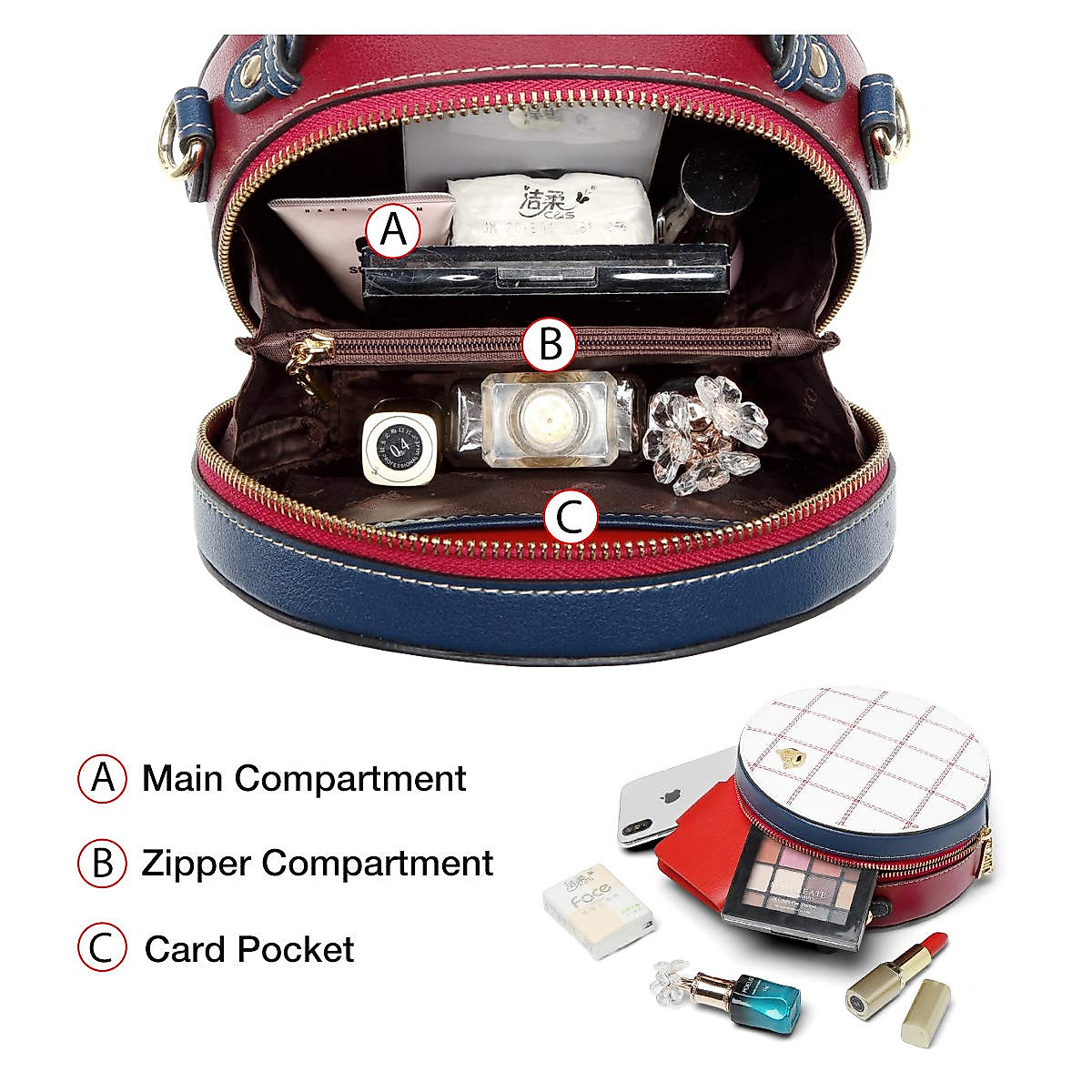 Leather Circular Handbags for Women, Genuine Leather Ladies Round Crossbody Bags with Adjustable Chain Strap Small Women's Fashion Shoulder Bags Mini Girls Leather Messenger Bags Satchel Purses(White)