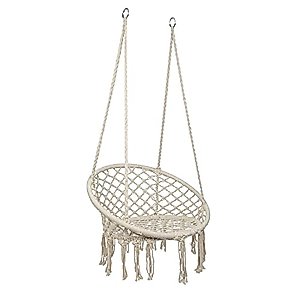 Hammock Chair Hanging Rope Swing, Hammock Net Air/Sky Chair Deluxe Cotton Rope Sling w/ Tassel for Bedroom, Beach, Yard, Patio, Porch, Garden, Indoor/ Outdoor Space (Beige)
