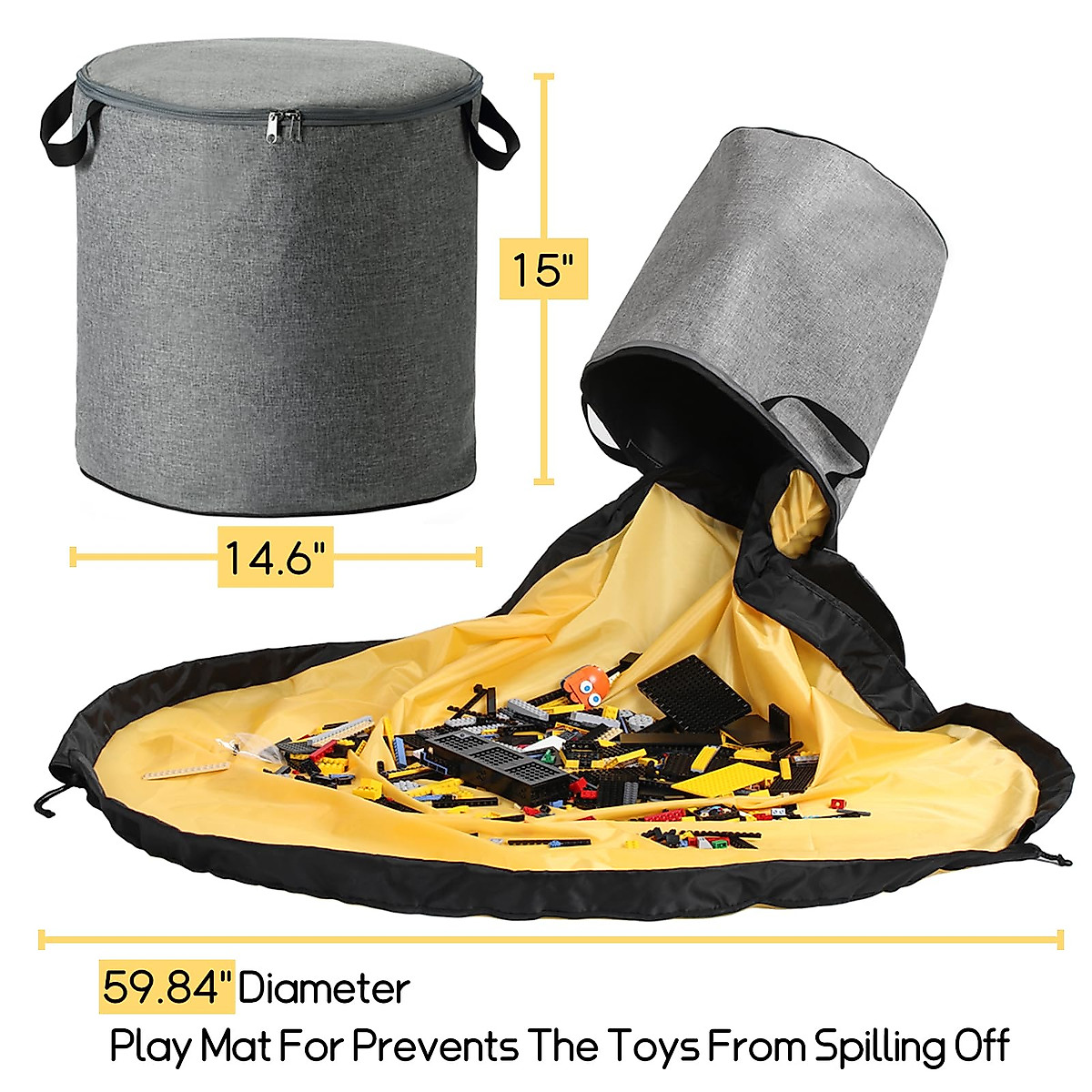 Victrekon Toy Storage Organizer & Play Mat for Kids, Large Organizer Storage Bin for Lego, Toy Box/Bag for Boys, Girls, Nursery, Playroom Organization and Storage with Zippers, 14.5"x14.9", Gray