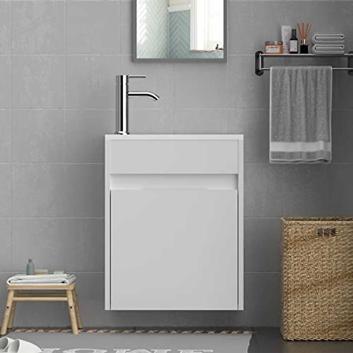 eclife 16" Bathroom Vanity Sink Combo for Small Space, Modern Pianted Wall Mounted Cabinet Set w/White Resin Basin Sink Top, Chrome Faucet & Pop Up U Shape Drain (B10W)