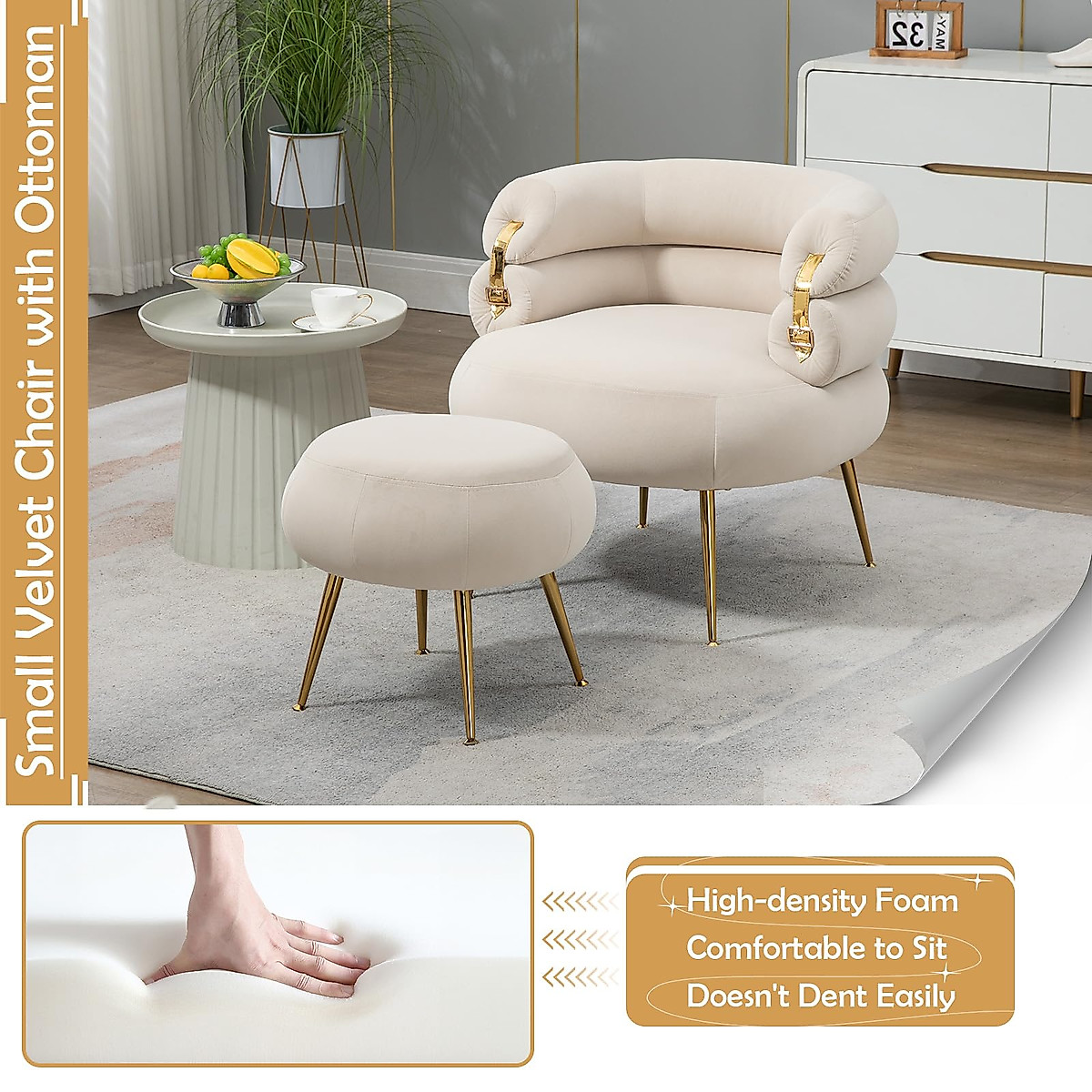 Antetek Modern Velvet Accent Chair with Ottoman, Upholstered Sofa Chair with Stylish Golden Decor, Comfy Arm Chair Leisure Lounge Chair for Living Room, Bedroom, Office, Beige