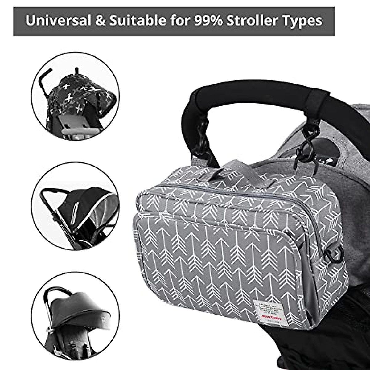 Universal Stroller Caddy Accessories All-in-One Baby Organizer with Insulated Pocket,Capacity for Diapers, Toys & Snacks, Dark Gray