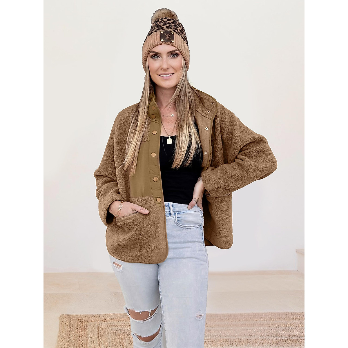 PRETTYGARDEN Women 2024 Fall Winter Fleece Jacket Long Sleeve Casual Button Fuzzy Sherpa Cropped Coats Outerwear with Pockets(Camel,Small)