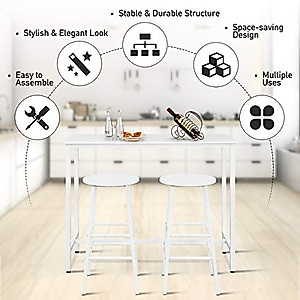 COSTWAY 3-Piece Pub Table Set, Bar Table with 2PCS Backless Bar Stools, Fashionable Simple Style, Kitchen Counter Height Dining Design, Breakfast Table Set for Kitchen, Restaurant, Small Space (White)