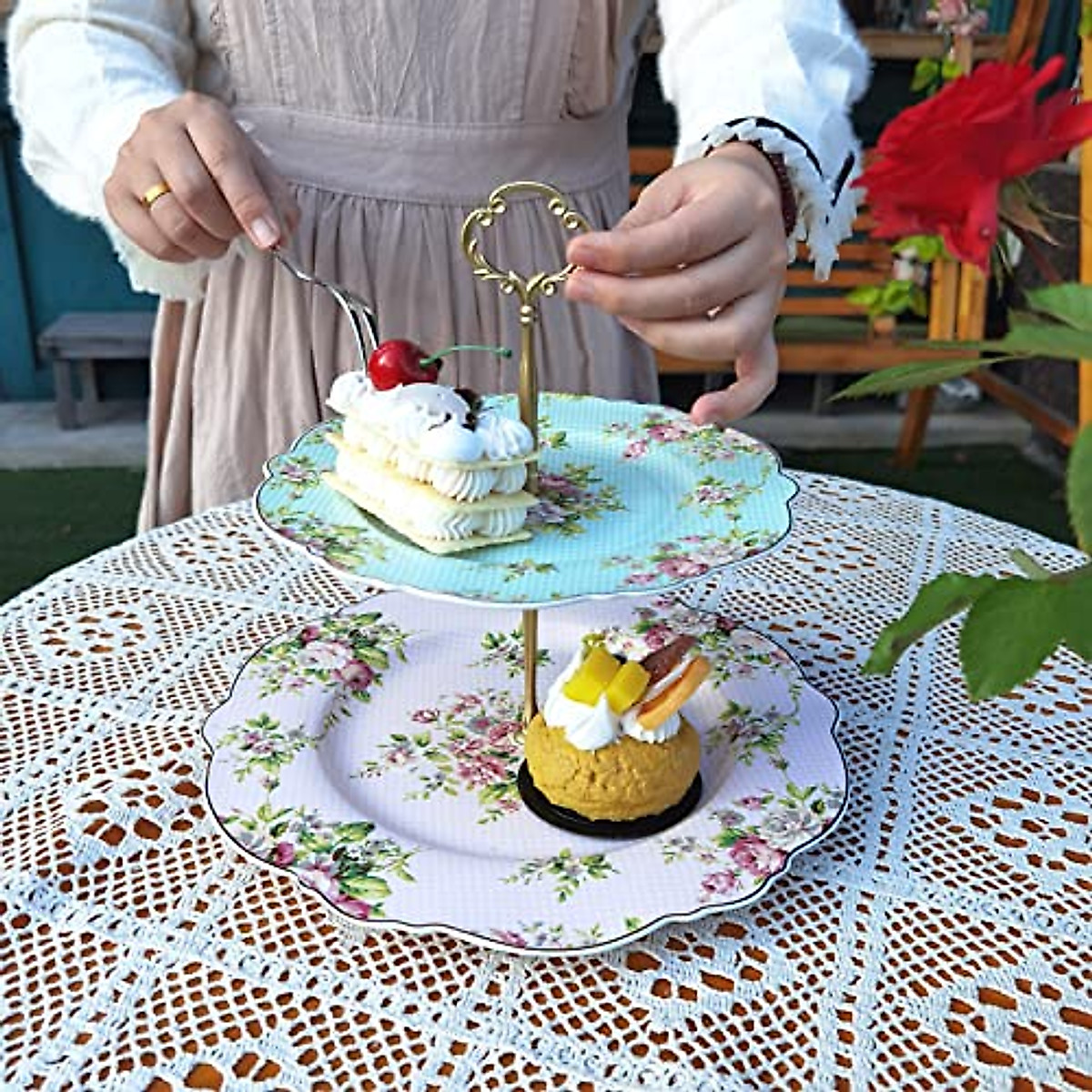 PULCHRITUDIE Pink Azalea Porcelain Two-Tier Cake Stand Cake Plate, 9.5"