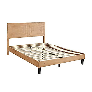 MUSEHOMEINC Mid Century Modern Solid Wood Platform Bed,Queen Size Bed Frame with Adjustable Height Headboard, Wood Slat Support Bed Frame, Bed Frame No Box Spring Needed